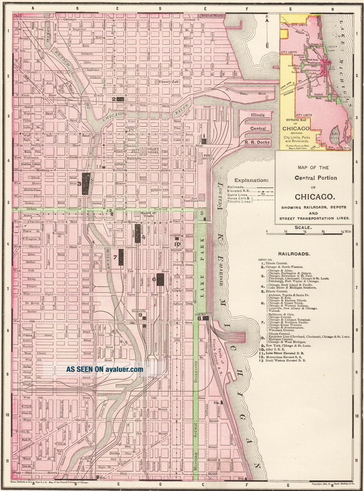 1898 Antique Map CHICAGO Illinois IL Shows Hotels Historical Landmarks ...