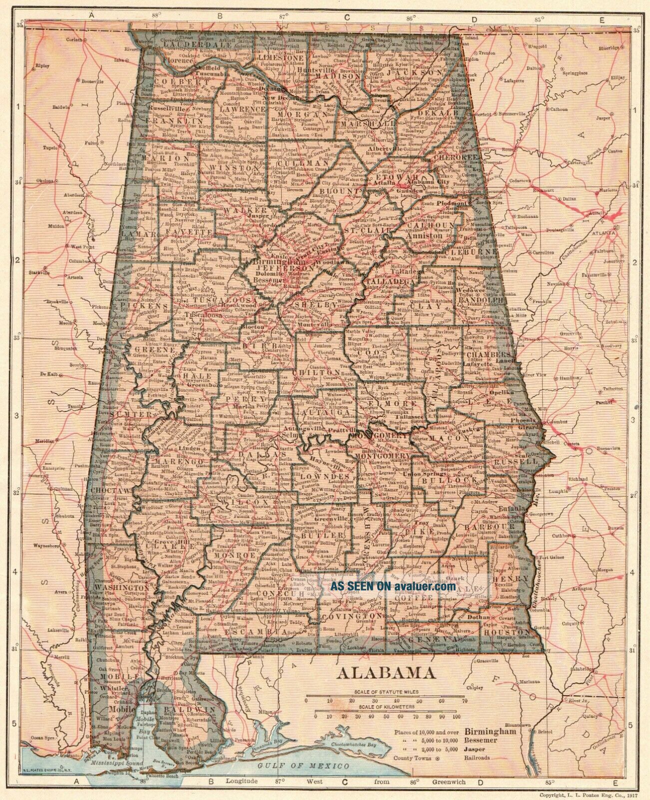 1917 Antique ALABAMA Map Of Alabama State Map Alabama Map 8550 | #58931691