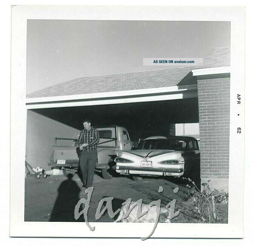 Man In Garage By 1959 CHEVY Car And A TRUCK Old Photo | #58871732