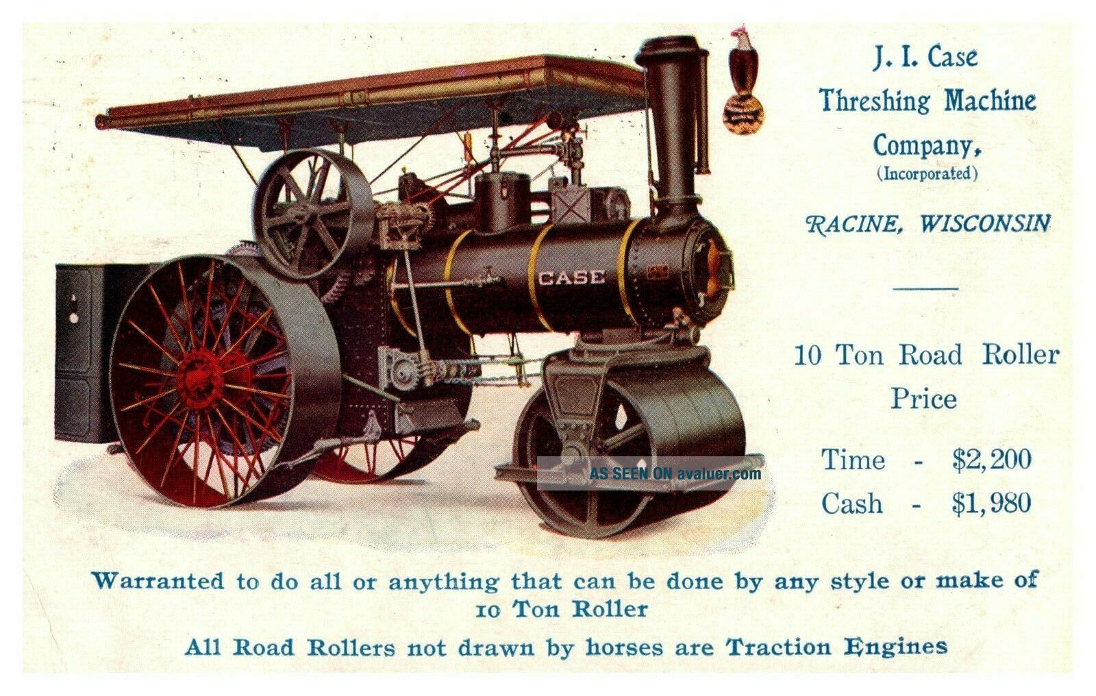 Vintage 1909 Case Threshing Steam Engine Company Advertising Postcard ...