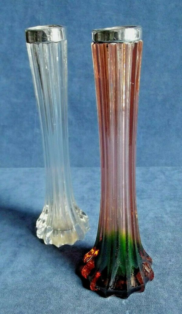 PAIR 8 " SOLID SILVER Mounted Fluted VASES London 1909 | #59252108