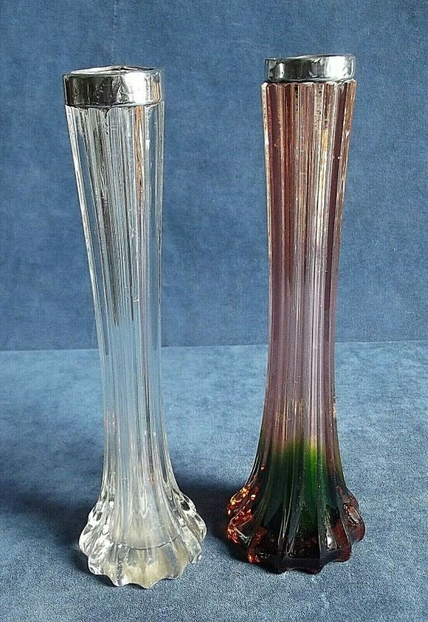 PAIR 8 " SOLID SILVER Mounted Fluted VASES London 1909 | #59252108