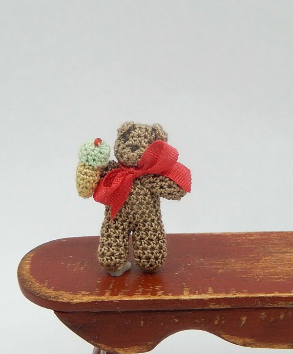 Vintage Tiny Micro Crochet Teddy Bear W Ice Cream Artisan Dollhouse ...
