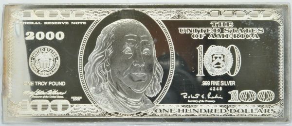 $100 Ben Franklin One Troy Pound Silver Bar. 999 Fine With Presentation ...