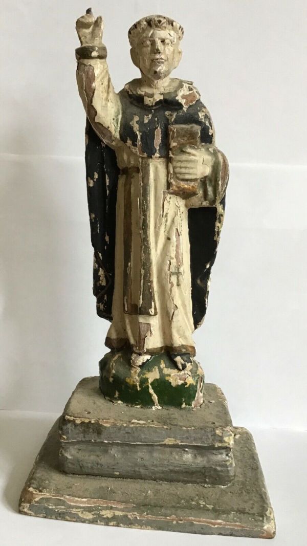 Antique Handcarved Wood Polychrome Religious Saint / Monk Statue ...