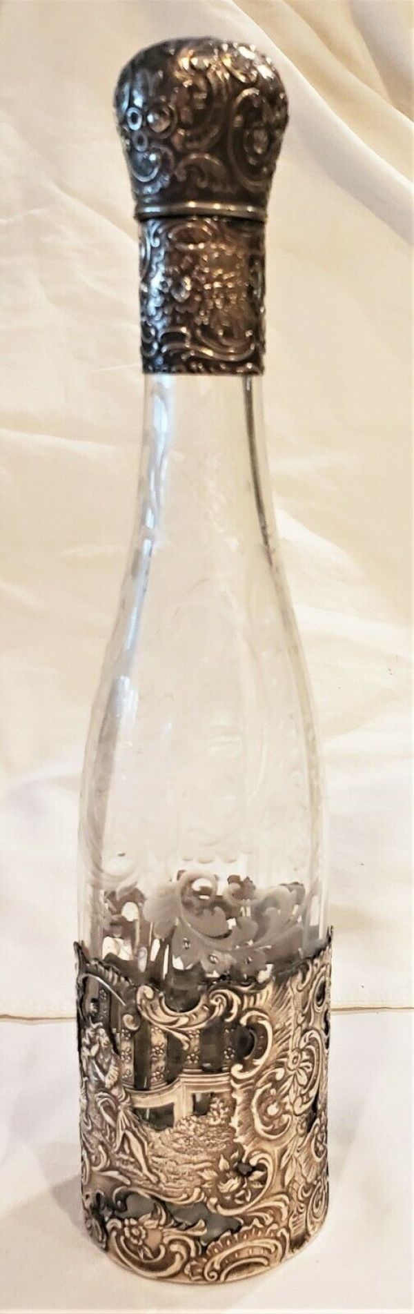 19th C Antique Hanau Silver Mounted Etched Glass Rococo Cologne Bottle ...