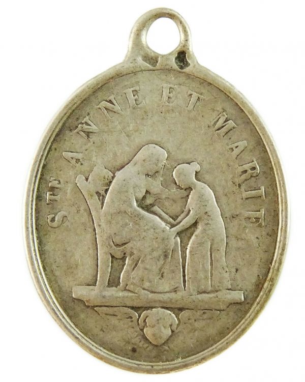 St Anne W Mary Antique Silver Medal Pendant Sacred Hearts Jesus Marie ...