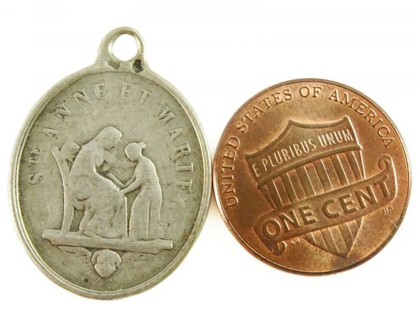 St Anne W Mary Antique Silver Medal Pendant Sacred Hearts Jesus Marie ...