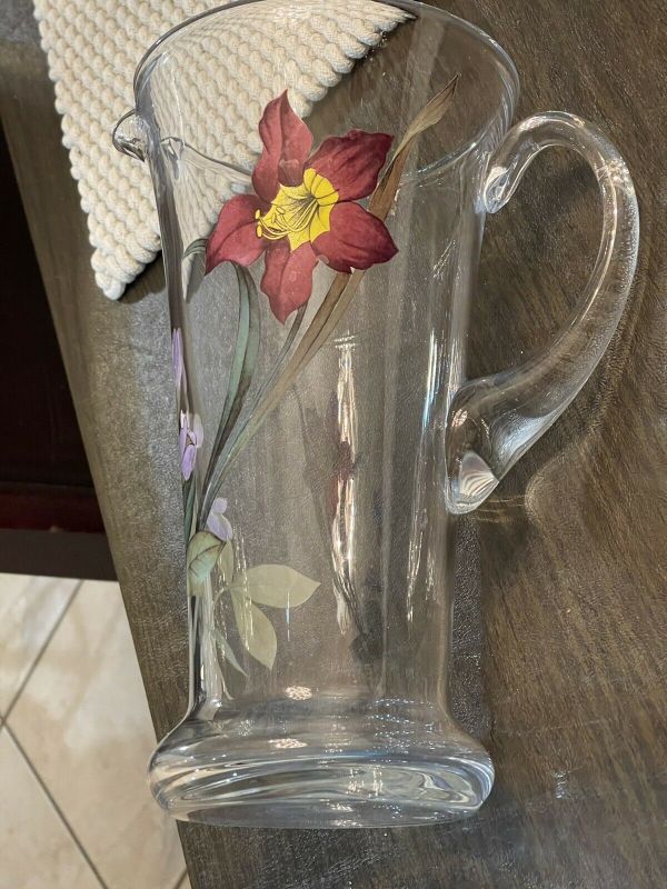 ANTIQUE VINTAGE BLOWN GLASS TALL PITCHER Hand Painted Flowers APPLIED ...
