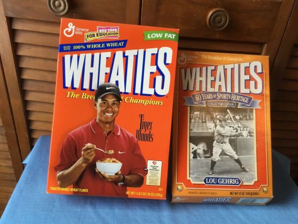 2 VINTAGE GENERAL MILLS WHEATIES CEREAL BOXES TIGER WOODS 1995 & LOU ...