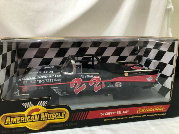 1/18 Scale Model ERTL 1957 Chevy Bel Air Fireball Roberts 22 Black ...
