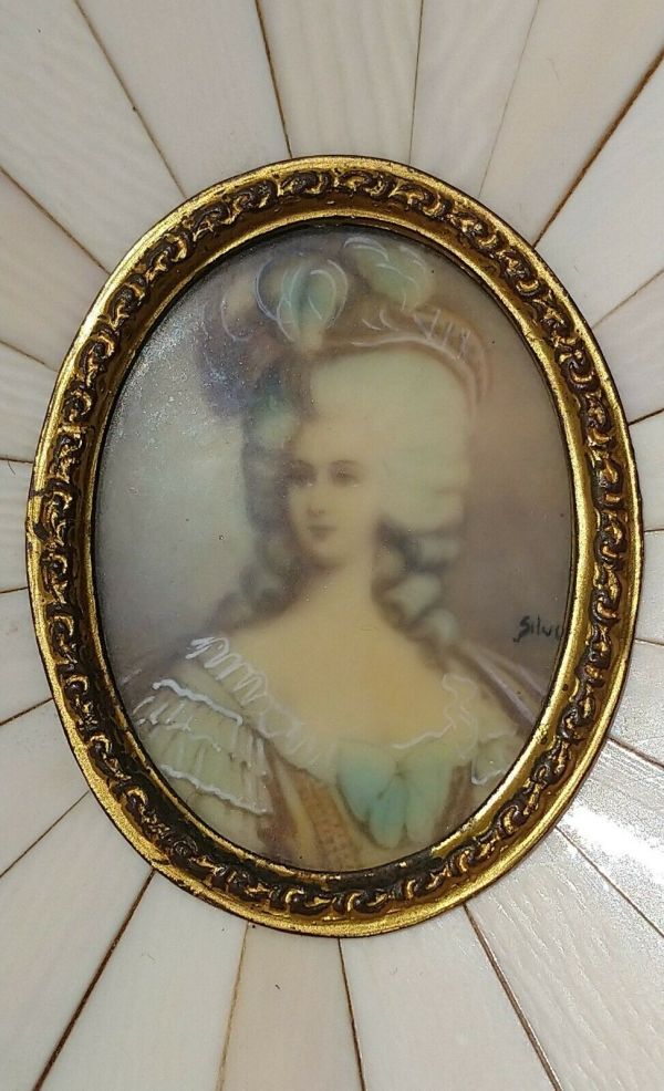 ANTIQUE NAPOLEON III, SMALL HAND PAINTING OF LADY IN BONE, WOOD AND ...
